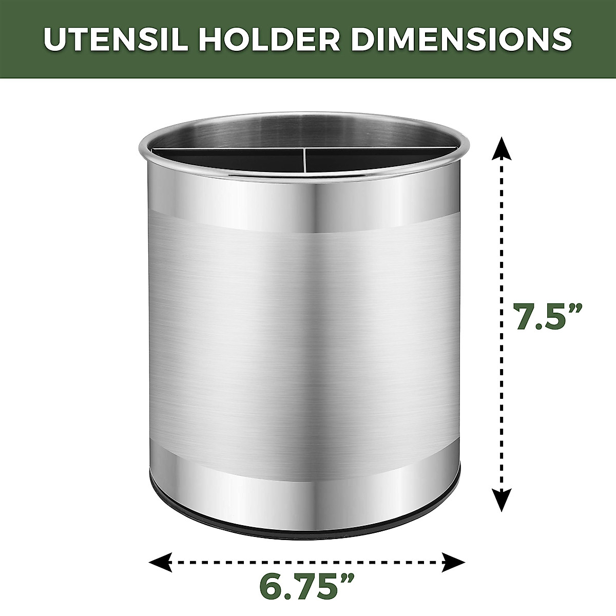 Bartnelli Extra Large Stainless Steel Kitchen Utensil Holder - 360° Rotating Utensil Caddy - Weighted Base for Stability - Countertop Organizer Crock With Removable Divider (Brushed Stainless Steel)