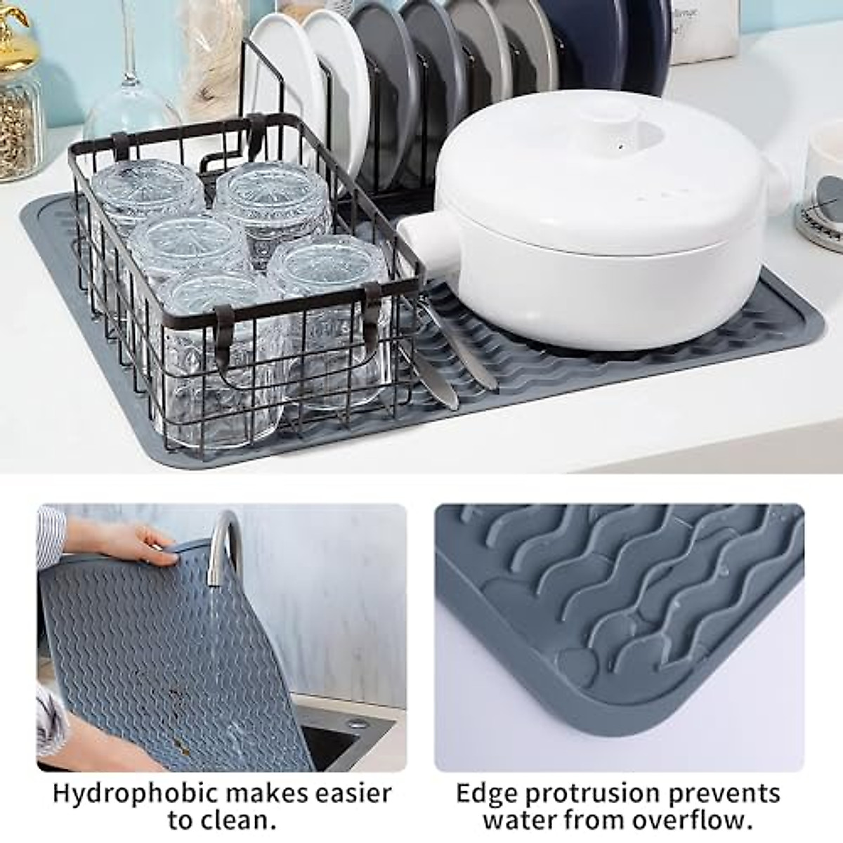 Silicone Dish Drying Mat - 2 Packs of Non-Slip Silicone Mat Easy Clean Drying Mat Large Heat-Resistant Dish Drainer Mat for Kitchen Counter, Sink, Refrigerator or Drawer Liner(16"x12", 12''x 6'' GREY)