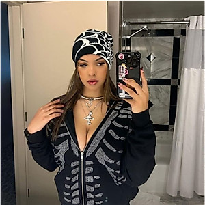 FantasyGears y2k Hat Goth Graphic Spider Web Beanie Grunge Winter Warm Knitted Beanies Men Women Casual Skullies