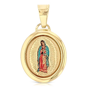 Ioka - 14K Yellow Gold Our Lady of Guadalupe Virgin Mary Enamel Picture Religious Pendant Tiny Size Charm For Necklace or Chain