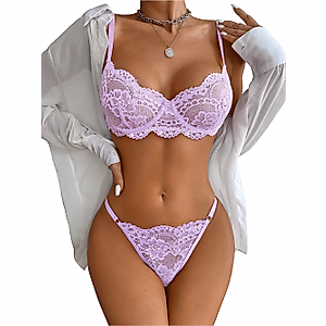 Kaei&Shi Sexy Bra And Panty Sets,Underwire Mesh Floral Lace Lingerie For Women,Thong Sheer Matching Two Piece Sexy Lingerie Set Boudoir Light Purple Medium