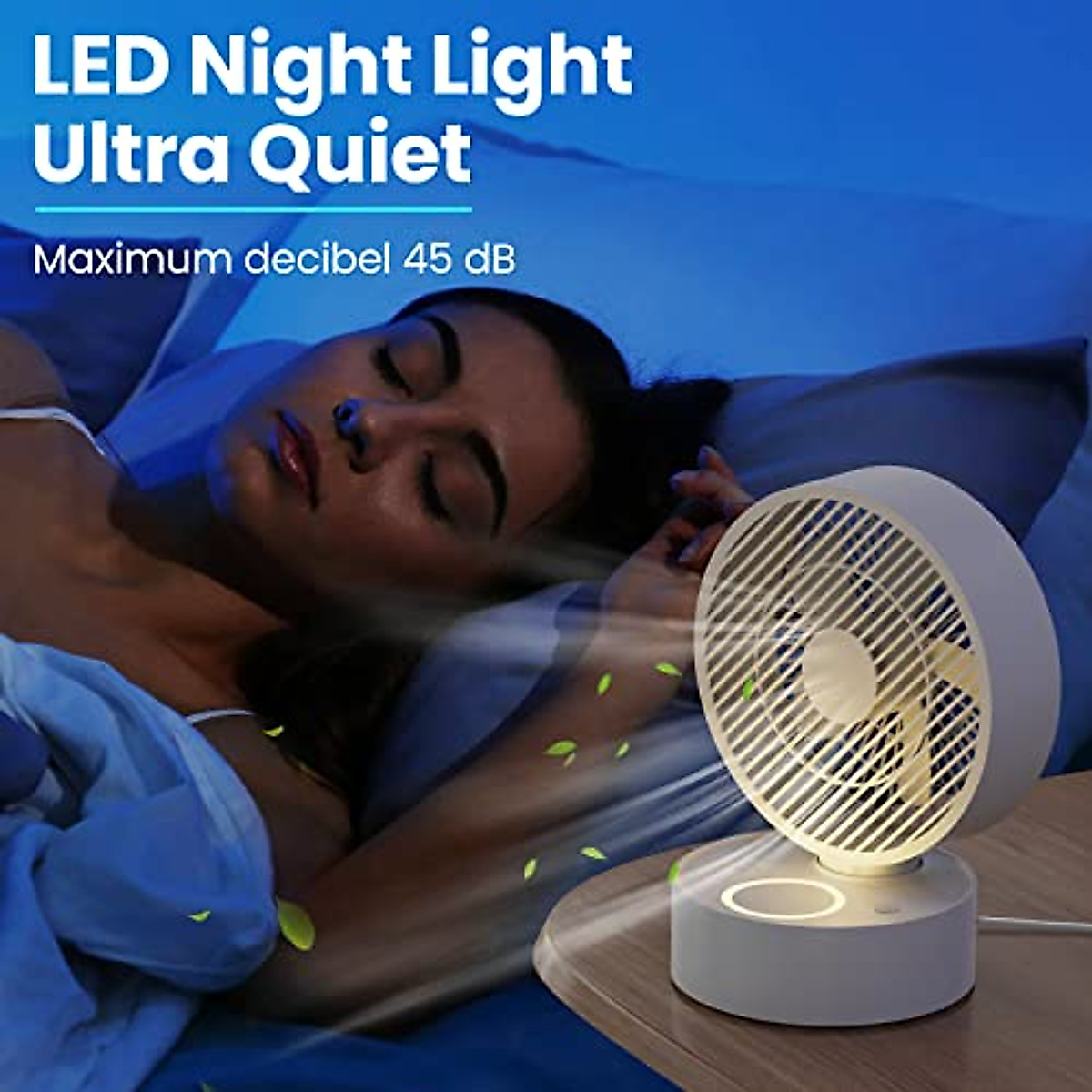 XONHUALX Desk Fan with LED Lights, 7.5-Inch Auto Oscillating Table Fan with 3 Wind Speed USB Powered, Quiet Portable Desktop Fan for Bedroom, Office, Living Room