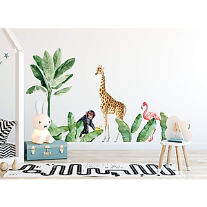 Murwall Kids Wall Decal Peel and Stick Safari Animal Wall Decals Cute African Animals Set Wall Sticker Zebra Giraffe Elephant Lion Leaves Sticker Kids Room Childroom