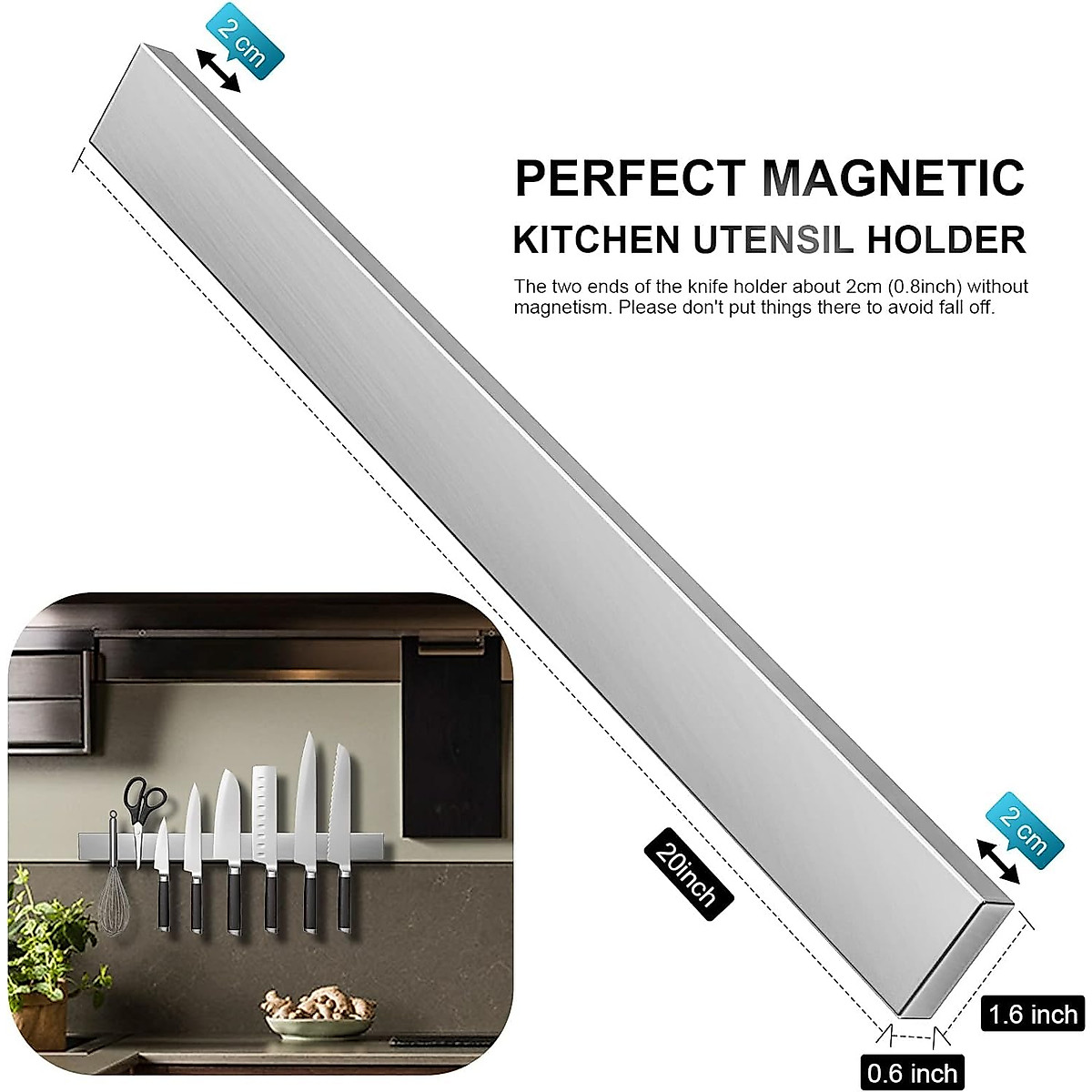 Fohil Magnetic Knife Holder for Wall, Stainless Steel 20 Inch Magnetic Knife Strip Wall Mounted Magnetic Knife Bar Drilling Magnetic Knife Rack for Kitchen Knives Holder Magnetic Tool Holder