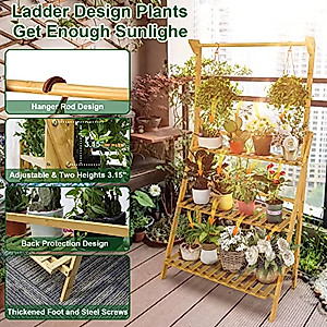 Bamboo Plant Stand with Grow Lights Multiple Flower Ladder Planter Pot Holder Hanging Plant Shelf Rack Display Organizer for Indoor Outdoor Patio Garden Corner Balcony Living Room Tall 3Tier 12 Potted