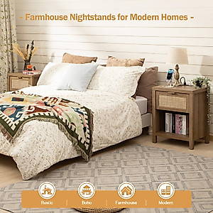 SICOTAS Rattan Nightstand Set of 2, Farmhouse Night Stands with Charging Station Bedside Table with Drawer, Boho End Table with USB and Type-C Ports for Bedroom Small Space, Oak Wood