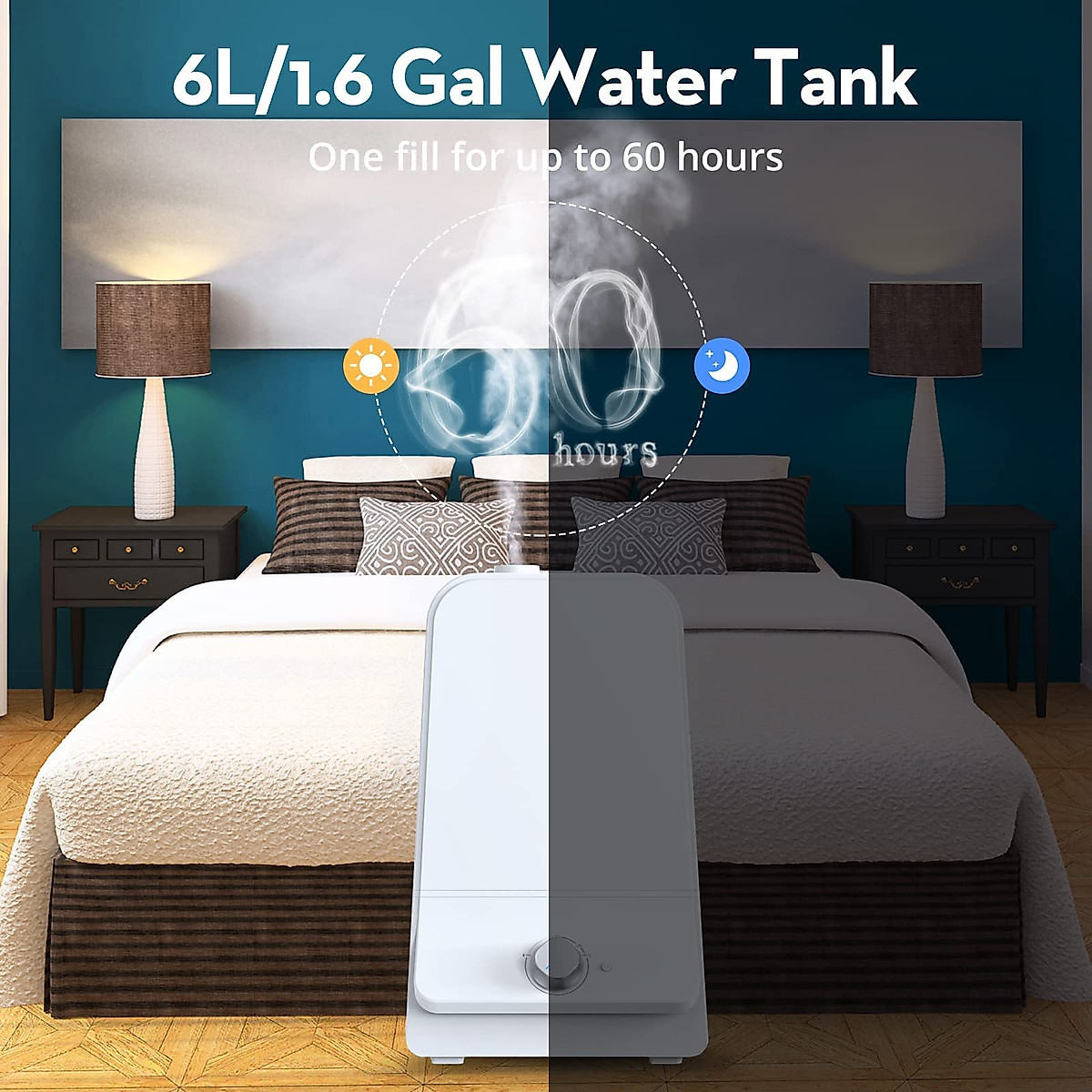 Humidifiers for Large Room, 6L Cool Mist Humidifier, 26dB Quiet Ultrasonic Humidifiers for Bedroom Home Office, 20-60 Hours, 360° Nozzle,Night Light, Auto Shut-Off and Easy to Clean