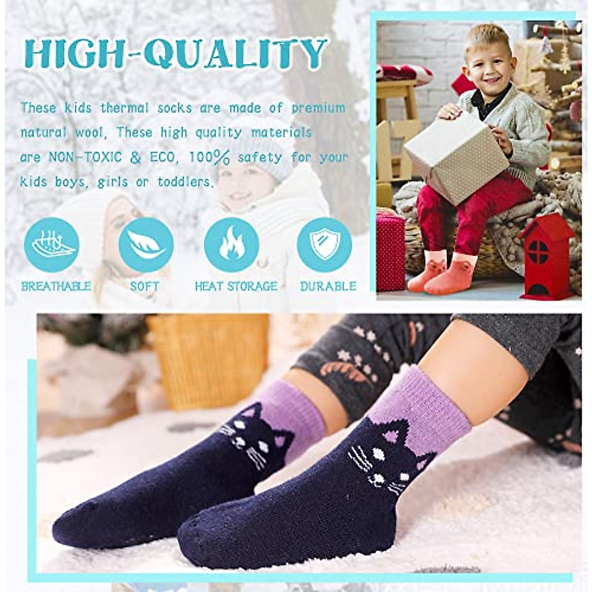 Eocom 6 Pairs Children's Winter Warm Wool Socks Kids Toddlers Boys Girls Thermal Thick Boot Cozy Crew Socks (8-12 Years, Cat)