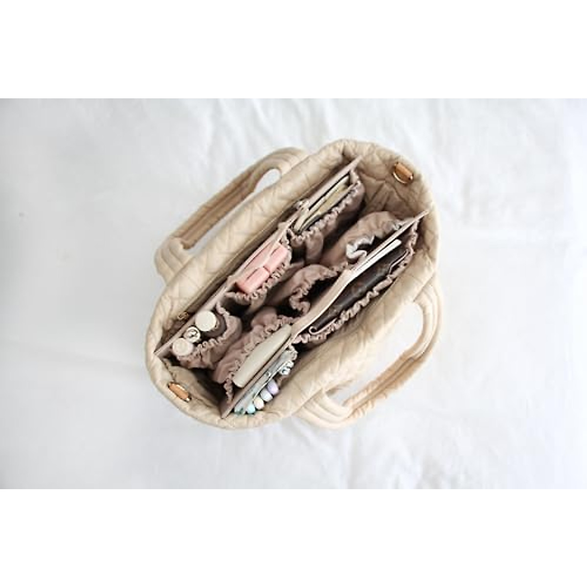 ToteSavvy Original Bag Organizer (14" L x 10" H) - 11 Pocket Tote Insert - For Travel, Work, Baby and More (Original Almond)