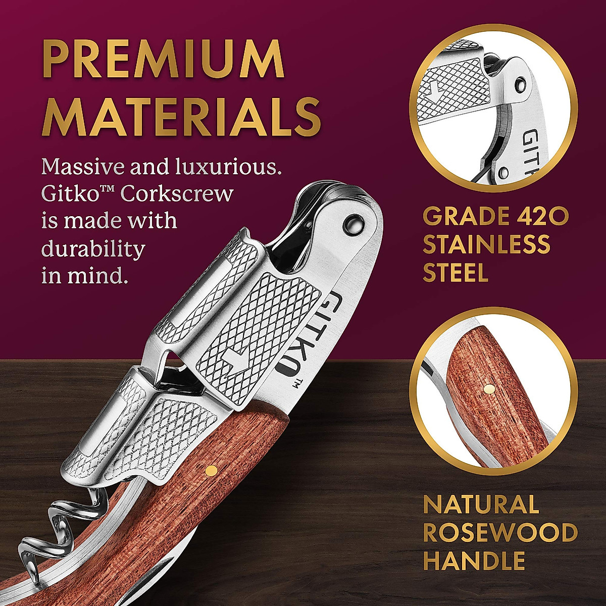 Wine Opener & Waiters Corkscrew-With a Comfortable Rosewood handle – Wine And Beer Bottle Opener For Bartenders, Waiters, –With A Wine Key Foil Cutter - With a Nice Pouch Included