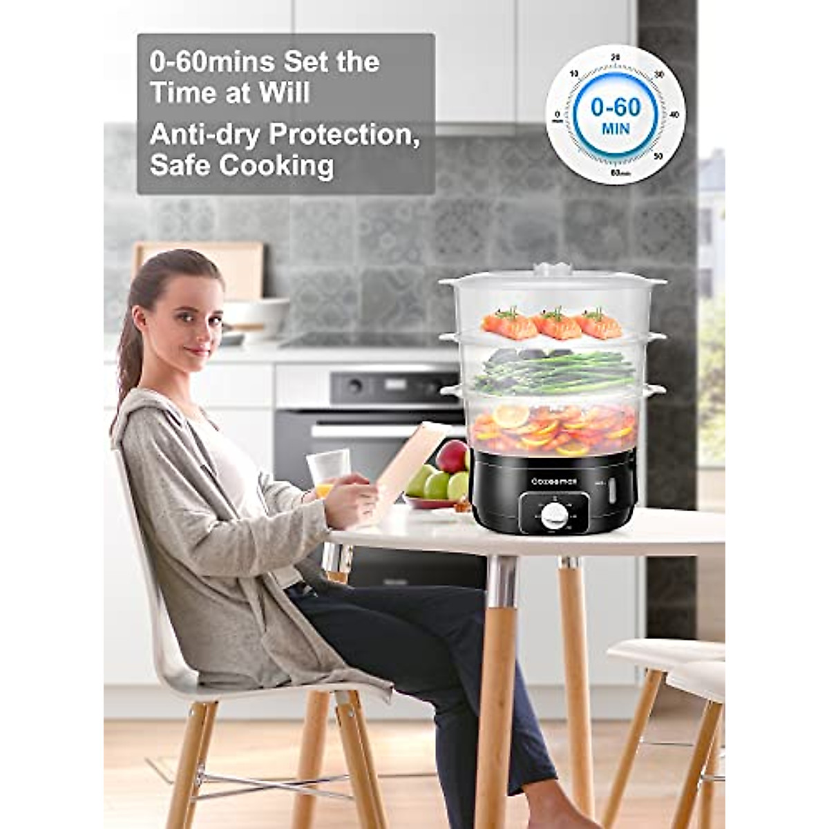 Cozeemax 13.7QT Electric Food Steamer for Cooking, 3 Tier Vegetable Steamer for Fast Simultaneous Cooking, 60 Minute Timer, BPA Free Baskets, 800W (Black)