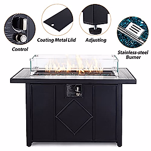 AVAWING Propane Fire Pit, 42 inch 50,000 BTU Gas Fire Pit Table with Glass Wind Guard, Table Lid, Fire Glass, Waterproof Cover, Outdoor Gas Fire Pit for Garden, Patio, Backyard, Black