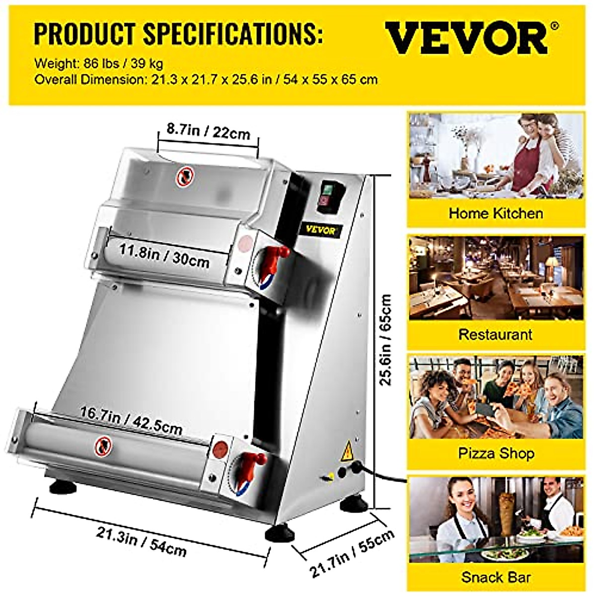 VEVOR Commercial Dough Roller Sheeter 15.7inch Electric Pizza Dough Roller Machine 390W Automatically Suitable for Noodle Pizza Bread and Pasta Maker Equipment