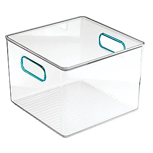 mDesign Plastic Storage Bin with Handles for Organizing Hand Soaps, Body Wash, Shampoos, Lotion, Conditioners, Hand Towels, Hair Accessories, Body Spray, Mouthwash - 8" Square, 4 Pack - Clear/Blue