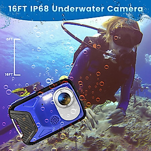 YEEIN Digital Camera 30MP Kids Digital Camera with 32G SD Card and Rechargeable Battery, 18X Digital Zoom Compact Portable Digital Camera for Snorkeling Swimming Blue, 8026BU