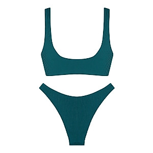 ZAFUL Ribbed Twisted Front Bikini Set for Women Cute Scoop Neck Textured Two Piece Swimsuits Sport Tank Bathing Suit(Deep Green,M)