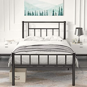 Twin Bed Frame Twin Platform Bed Frames with Headboard & Footboard Heavy Duty Twin Size Bed Frames with Steel Slat Support Under Bed Storage, Mattress Foundation, No Box Spring Needed, Black