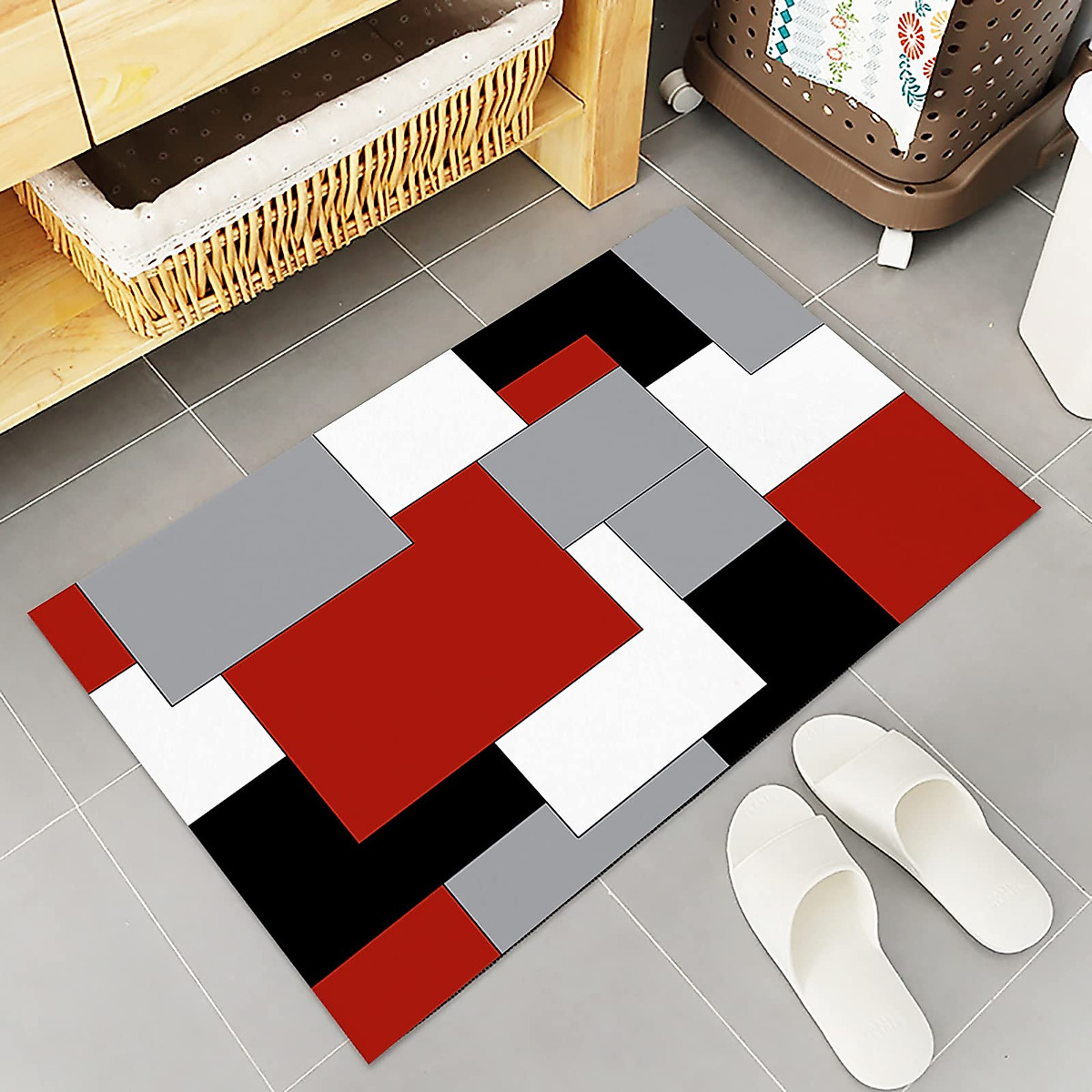 Geometry Abstract Art Kitchen Rugs Sets 2 Pcs Floor Mats White Grey Black Red Modern Art Geometric Doormat Non-Slip Rubber Backing Area Rugs Carpet Inside Door Mat Pad Sets,16"x 24"+16"x47"