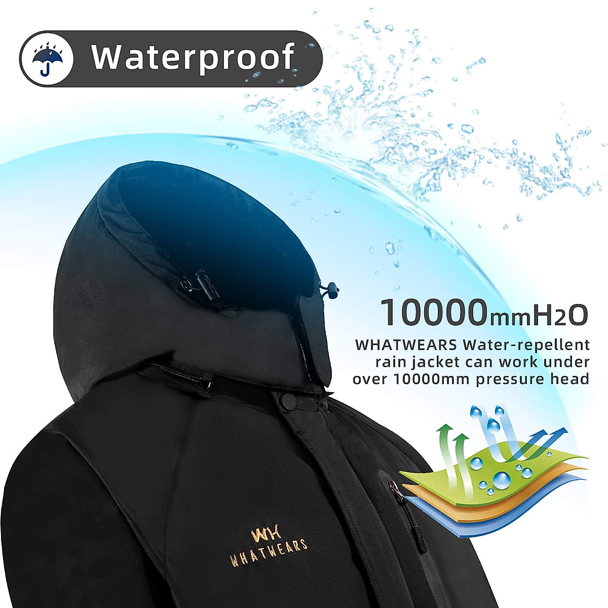 WHATWEARS Men's Winter Coats Waterproof Ski Jacket for Men Snow Coat Windproof Mountain Jackets with Hooded, Black, M