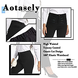 Aotasely Women's Dress Pants Stretch Bootcut Slacks Business Casual High Waisted Drapey Wrinkle Resistant Fabric Black