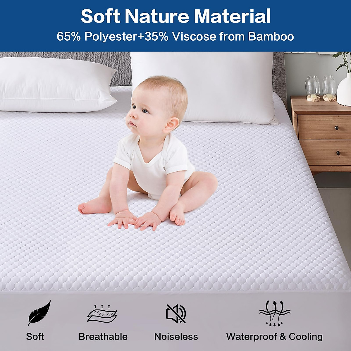 Premium Waterproof Bamboo Mattress Protector Queen Size for Cooling & Breathable,Ultra Soft Mattress Pad Cover,18 Inch Deep Pocket Fitted 8"-21"