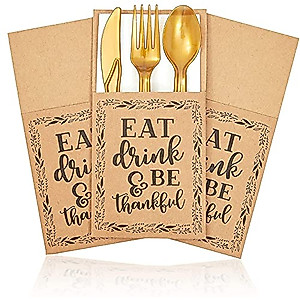 Thanksgiving Dinner Party Utensil Holder Pockets, Eat Drink & Be Thankful (36 Pack)