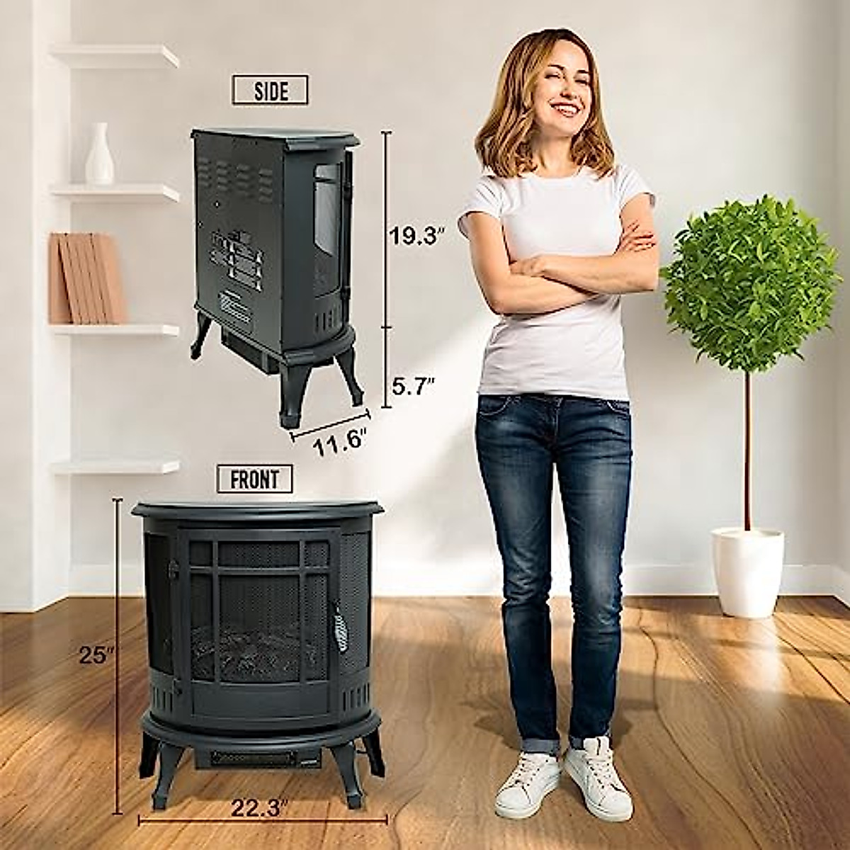 C-Hopetree 25 inch tall Portable Electric Wood Stove Fireplace with Flame Effect, Freestanding Indoor Space Heater with Remote