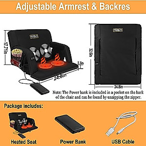 Heated Massage Stadium Seats, 25 Inche Folding Bleacher Chair with 10000mAh Portable Power*2, 3 Levels of Heat&Massage, 6 Reclining Positions for Camping, Games, Sports, and Other Outdoor Activities