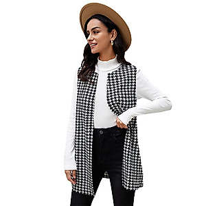 WDIRARA Women's Plaid Button Open Front Sleeveless Blazer Jacket Black Houndstooth L