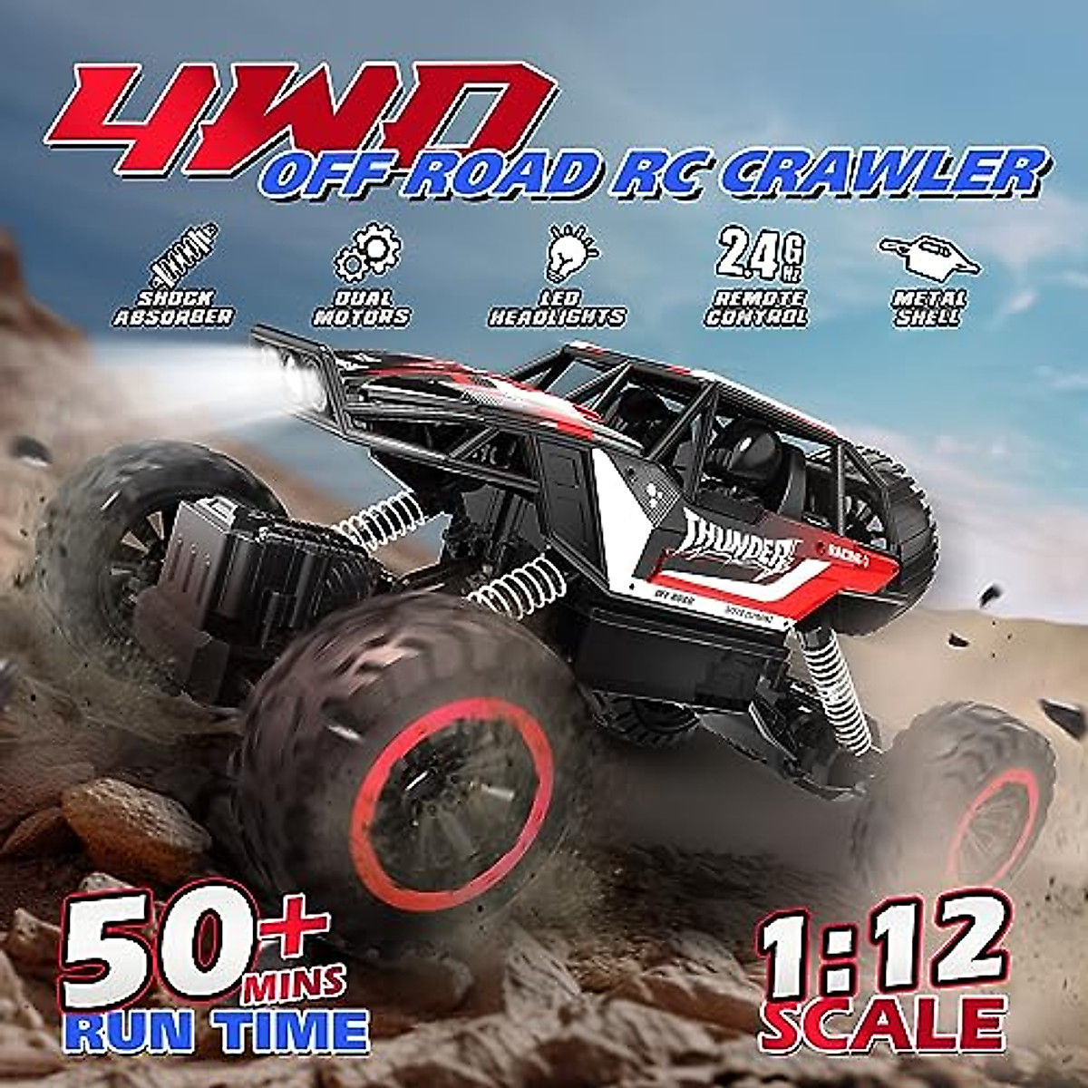 DEERC 1:12 Remote Control Car with Metal Shell, 4WD Off Road Monster Truck, Dual Motors LED Headlight RC Rock Crawler, 2.4Ghz All Terrain Hobby RC Cars Toys for Boys Kids Adults Gifts (W/2 Batteries)