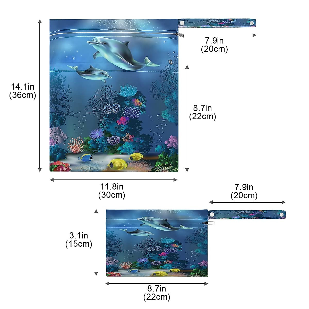 2pcs Underwater Dolphins Cloth Diaper Wet Dry Bag Waterproof Reusable Wet Dry Organizer,Sea Fishes Coral Washable Wet Bag with Two Zippered Pockets for Travel Beach Gym Swimsuits Toiletries