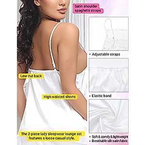 Kwunbwa Women's Sexy Silk Sleepwear Cowl Neck Pajamas Sets Satin Cami Shorts Sleeveless PJ Sets Lingerie, White, Small