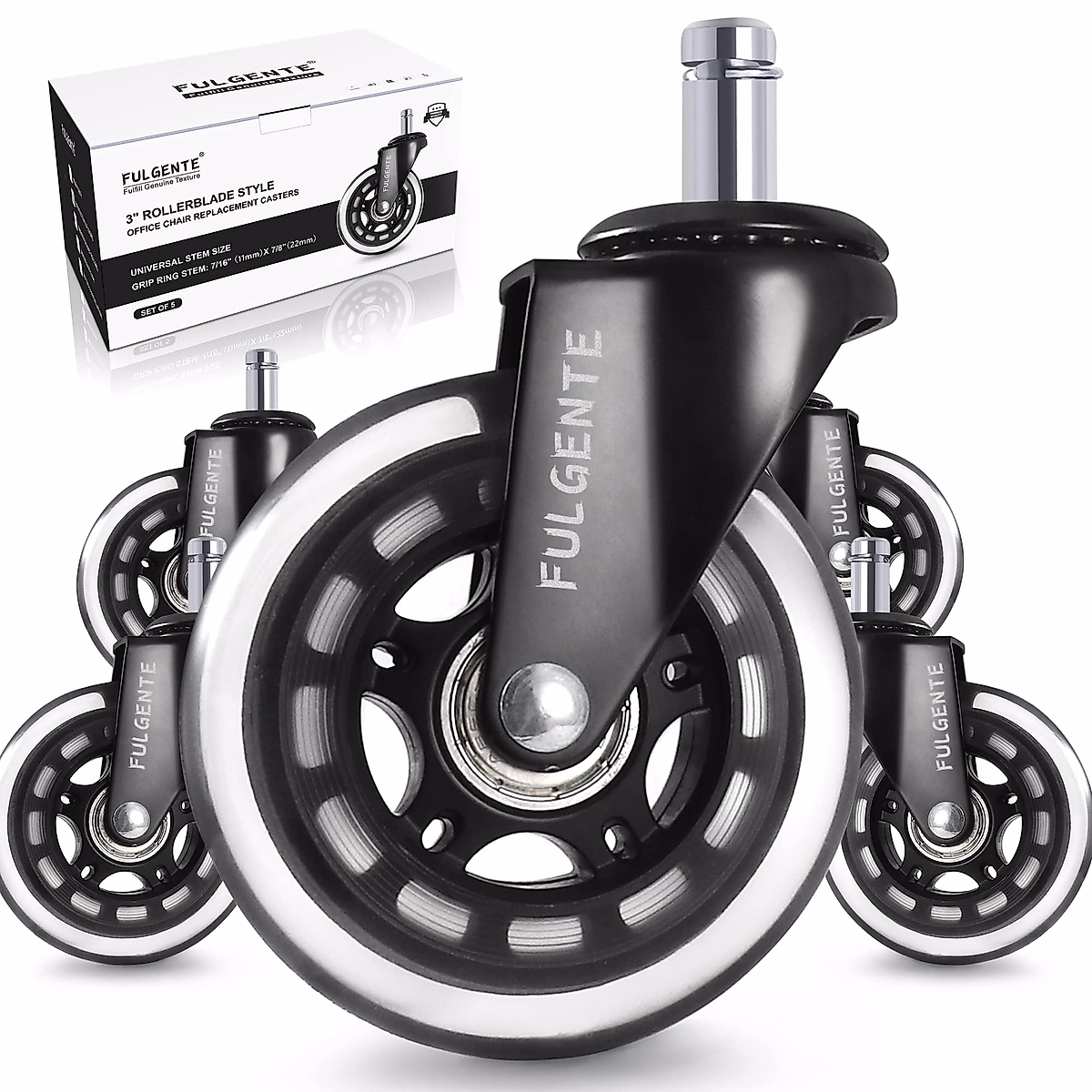Fulgente Office Chair Caster Wheels(Set of 5), Heavy Duty Protection for Hardwood & Tile Floors Without Mat, Replacement Rubber Chair Casters Universal Fit 7/16 inch -Quick & Quiet Rolling Over Cables