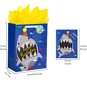 LeZakaa 13" Birthday Gift Bag, Medium Blue Gift Bag with Tissue Paper, Gift Tag and Card - Shark with Word Happy Birthday Design for Boy, Girl, Kids