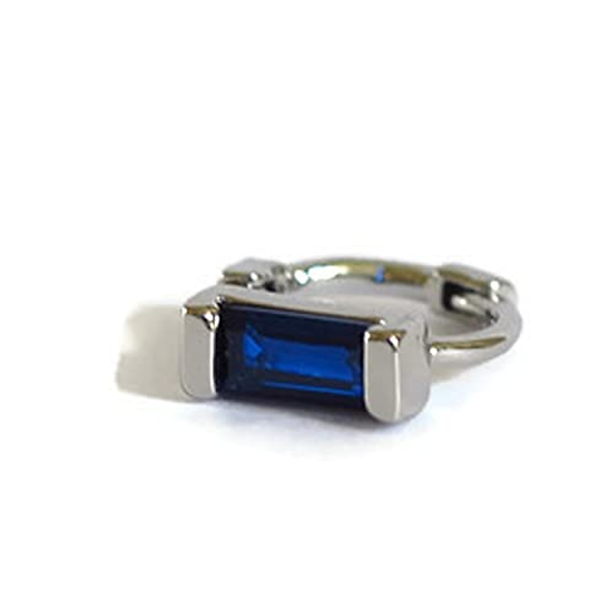 Sterling Silver Blue Sapphire TINY HUGGIE 8mm Layering Earrings Baguette Cubic Zirconia Gemstone Hypoallegic Nickel Free Lead Free Made In U.S.A (Rhodium Sterling Silver A Pair)