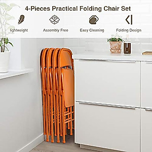 VECELO Metal Frame Folding Hold Up to 350 Pounds, Mounted Steel Chairs with Triple Braced & Double Hinged Back for Home Office, Set of 4, Orange