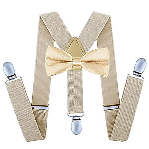 traderplus Men Elastic Suspenders and Bow Ties Set for Wedding, Formal Events (Champagne)