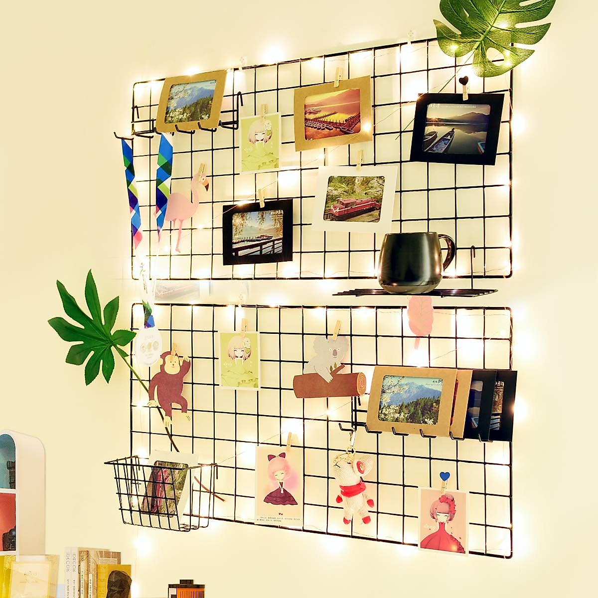 Wall Photo Grid Shelf, Wall Hanging Ins Art Display Grid Panel for Decor & Storage, Metal Wire Notice Boards & Memo Board, Mesh Tool Organiser, Wall Photo Frame 2 Pcs (Black, 15.7 x 31.5 inches)