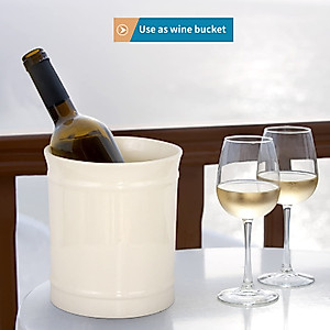 Sanbege Ceramic Utensil Crock with Ice Crack Pattern, 6.8" Large Kitchenware Caddy, Utility Utensil Holder for Cooking Tools, Makeup Brushes, Flowers, Wine Bucket (Cream White)