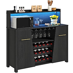 DWVO Bar Cabinet with LED Lights, 47'' Sideboard Buffet Coffee Bar Cabinet with Wine Rack and Glass Holder, Liquor Cabinet with Adjustable Shelf for Living Room, Kitchen, Dining Room, Black