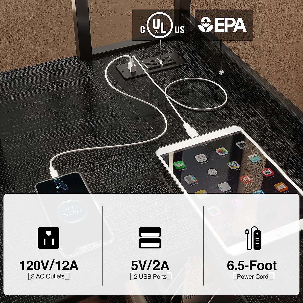 Rolanstar Computer Desk with Shelves, 47 Inch Home Office Desk with Power Outlet, Writing Table Workstation with Monitor Stand and Reversible 4-Tier Bookshelf, Study Corner Desk for Small Space, Black