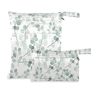 OTVEE Chic Eucalyptus Leaves Branch Wet Dry Bag, 2 Pcs Waterproof Reusable Wet Bag for Cloth Diaper Swimsuit