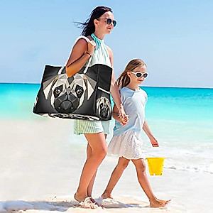 ALAZA Cute Pug Dog Face Animal Print Fun Large Beach Bag For Women Tote Bags Reusable Grocery Shoulder Bag with Zipper Closure Pocket