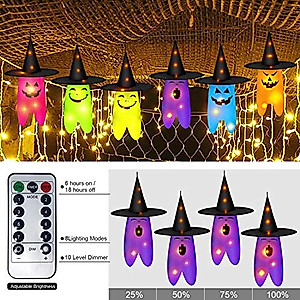 Youlisn Halloween Decorations Outdoor 6pcs Hanging Lighted Ghost Witch Hat 16.4ft LED String Lights Decor with Remote Control and 8 Lighting Mode Suitable for Yard, Party, Indoor, Tree