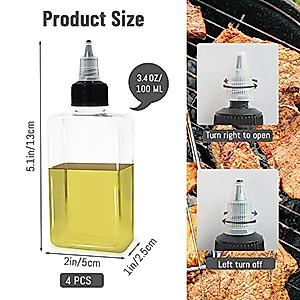 LELE LIFE 4Pcs Small Oil Dispenser Bottle for Camping, 3.4oz Leak-Proof Squeeze Condiment Bottle with Twist Top Cap, Liquid Condiment Container Dispensing Bottles for Oil Soy Sauce Vinegar