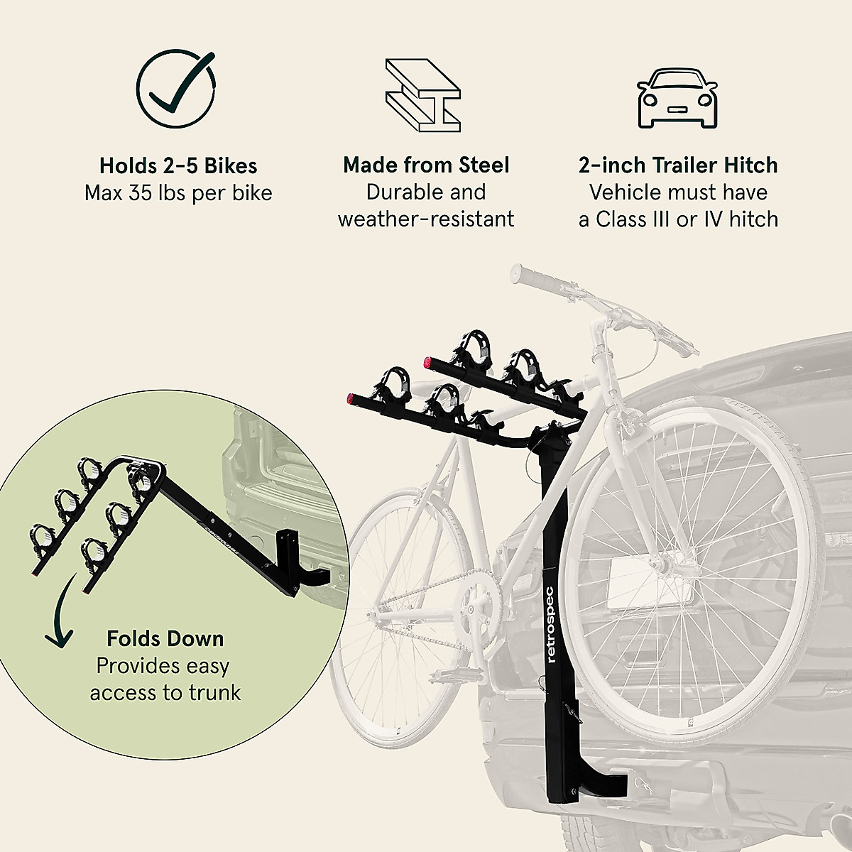 Retrospec Lenox 2-5 - Bike Hitch Rack for Cars, Trucks, SUVs with 2” Hitch | Foldable Steel Frame with Anti-Rattle Adapter, Tie Down Cradles and Straps - Fits Most Frames