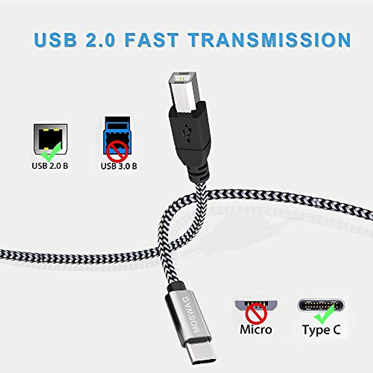 MOSWAG 6.6FT/2M USB C Printer Cable Type C to USB MIDI Cable for Samsung Huawei Laptop MacBook to Midi Controller,Midi Keyboard,Printer Scanner,Audio Interface Recording and More