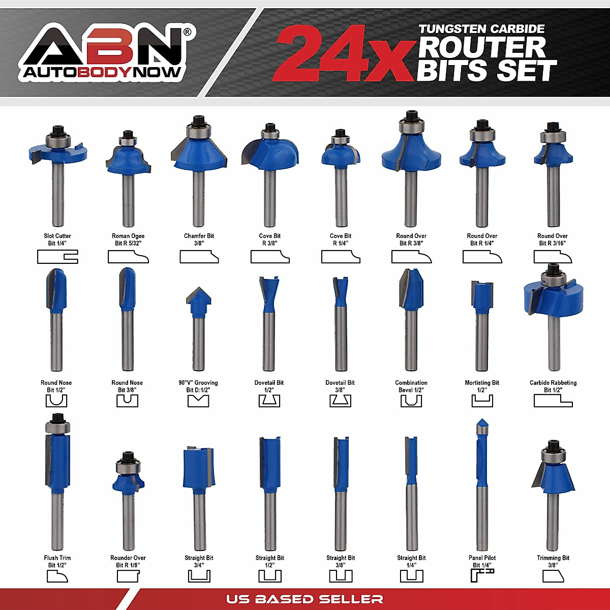 ABN Tungsten Carbide Router Bit Set - 24 Piece Router Set 1/4in Shanks - for Beginners to Commercial Users