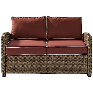 Crosley Furniture Bradenton 5-Piece Outdoor Loveseat Patio Furniture Set, Wicker Conversation Sets for Porch, Brown with Sand Cushions