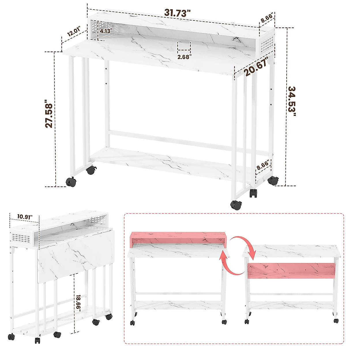 Gezen Folding Desk with Double Storage Shelves, Small Rolling Desk with Wheels for Living Room Bedroom, Mobile Computer Desk Portable Laptop PC Desk Writing Table for Small Space, 31.5", White Marble